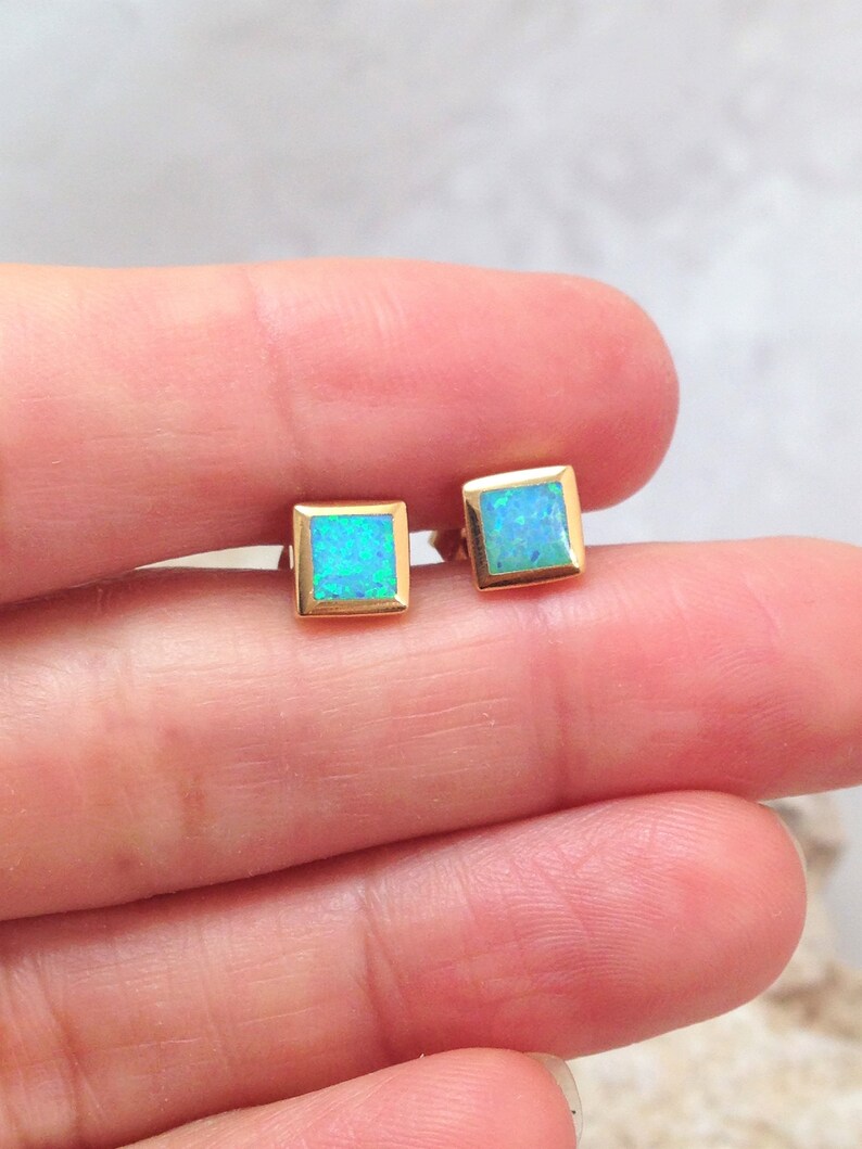 Blue Opal Square Stud Earrings 925 Sterling Silver Opal Gold | Etsy