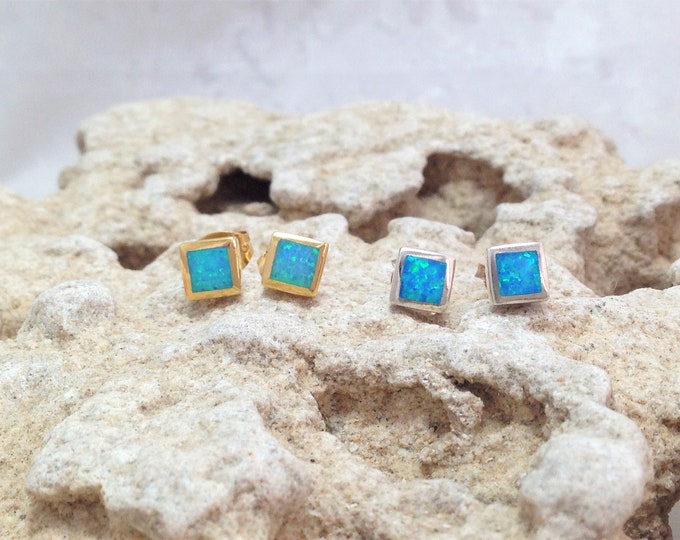 Blue Opal Square Stud Earrings 925 Sterling Silver Opal Gold - Etsy