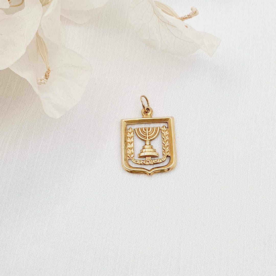 Vintage 14K Yellow Gold Israeli Emblem Pendant, Menorah Olive Leaves ...