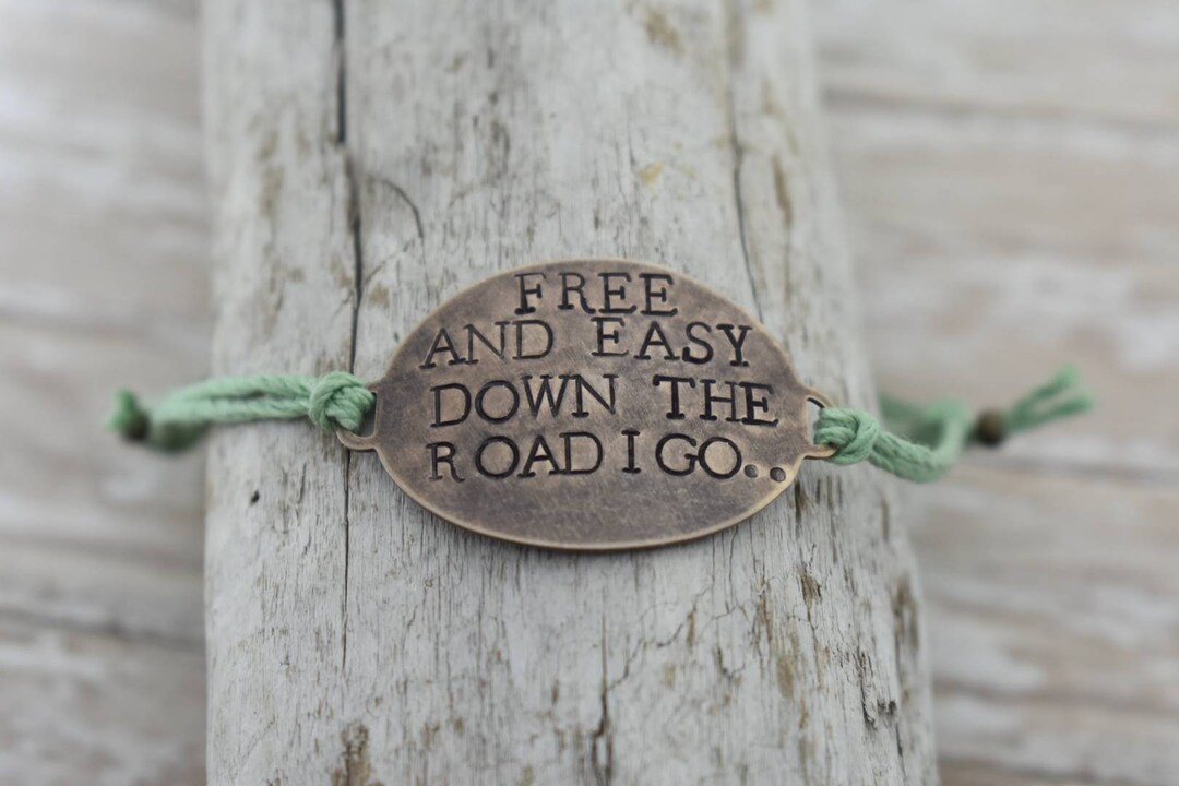Hand Stamped Brass "free and Easy Down the Road I Go"-adjustable Hemp ...