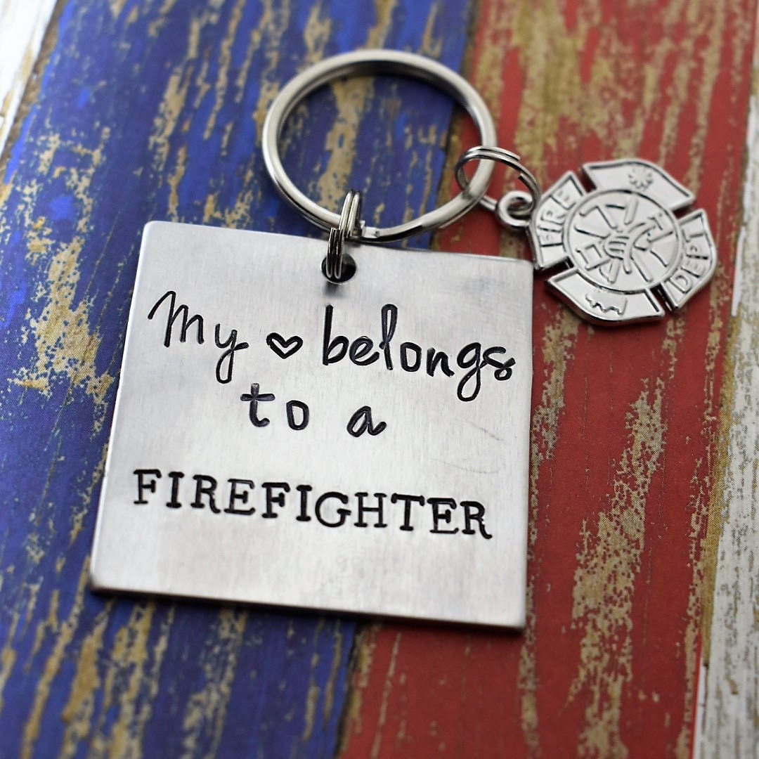 Hand Stamped Firefighter Keychain "my Heart Belongs to a Firefighter ...