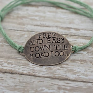 Hand Stamped Brass "free and Easy Down the Road I Go"-adjustable Hemp ...