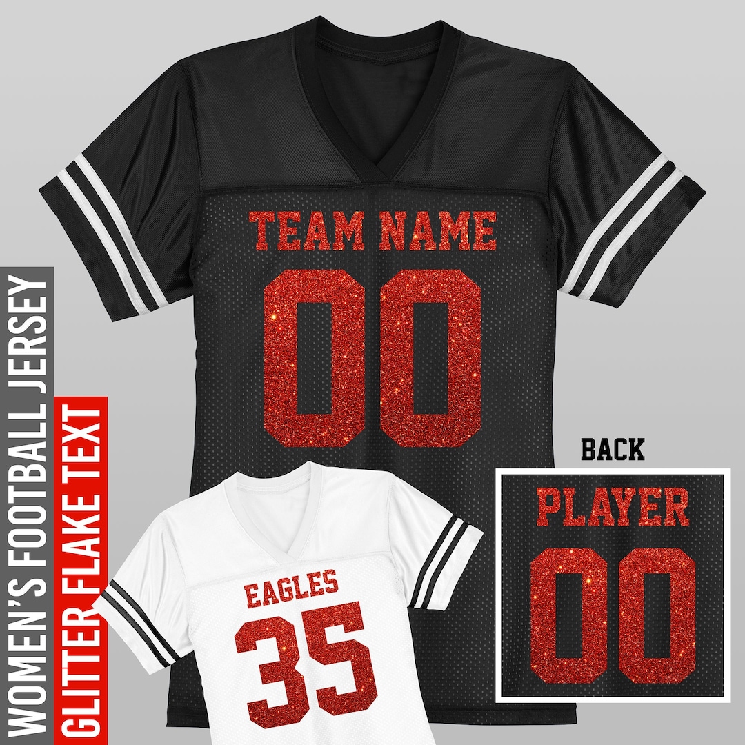 Custom Football Jersey / Red Glitter Flake Text / Women's Relaxed Fit ...