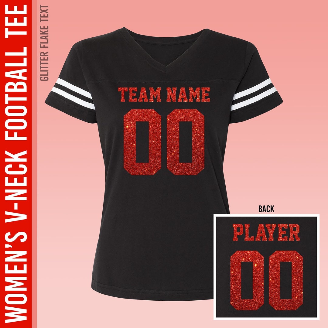 Women's V-neck Football Tee / Custom Black T-shirt / Red Glitter Flake ...