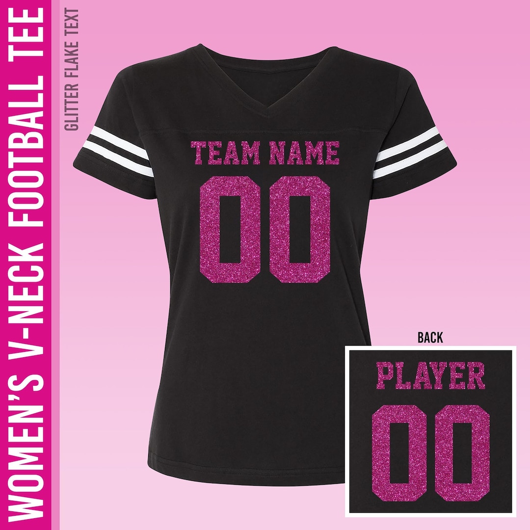 Custom Football Style Tee for Women / Black V-neck T-shirt / Dark Pink ...