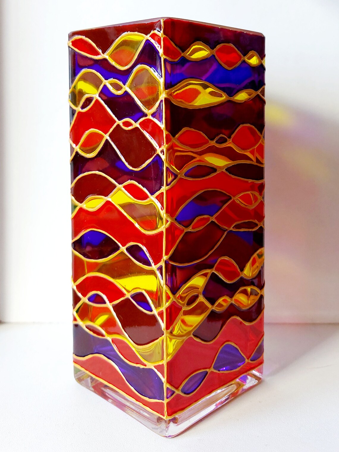 Hand Painted Glass Flower Vase Colourful Pattern Stained - Etsy