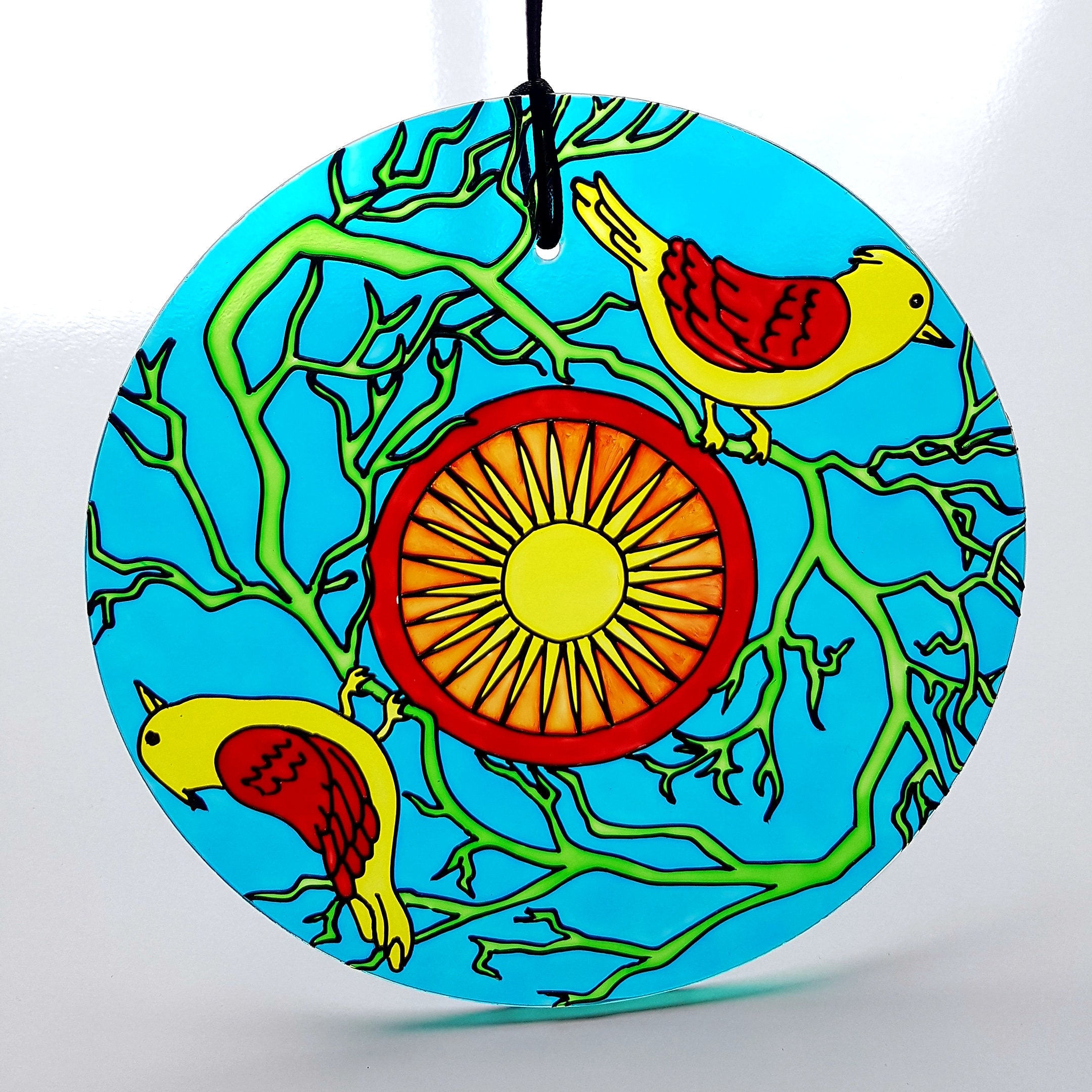 Hand Painted Glass Suncatcher, Sun Catcher, Round, Birds, Glass ...