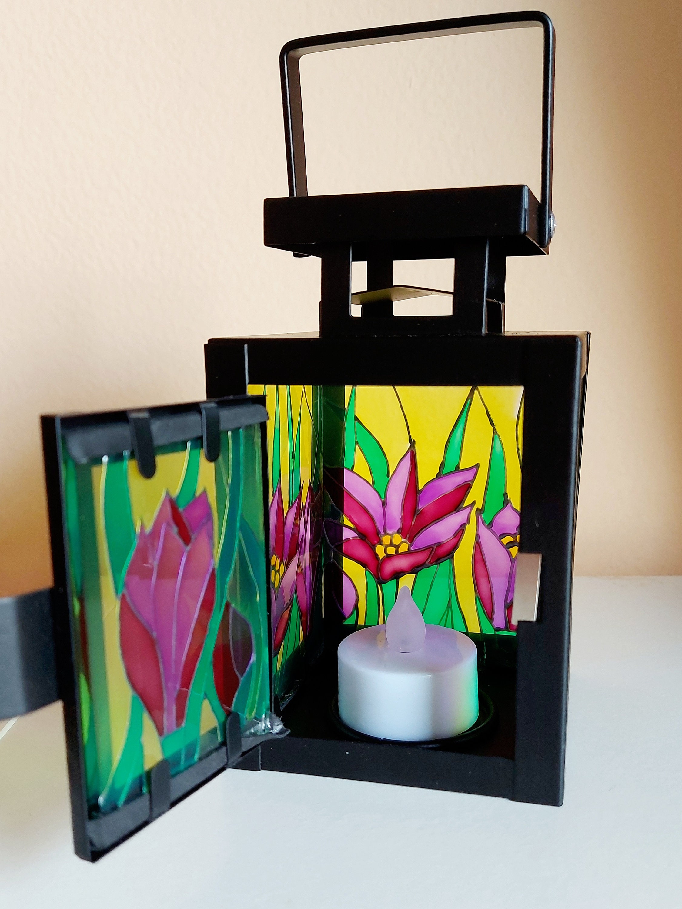Stained Glass Hand Painted Candle Lantern - Etsy