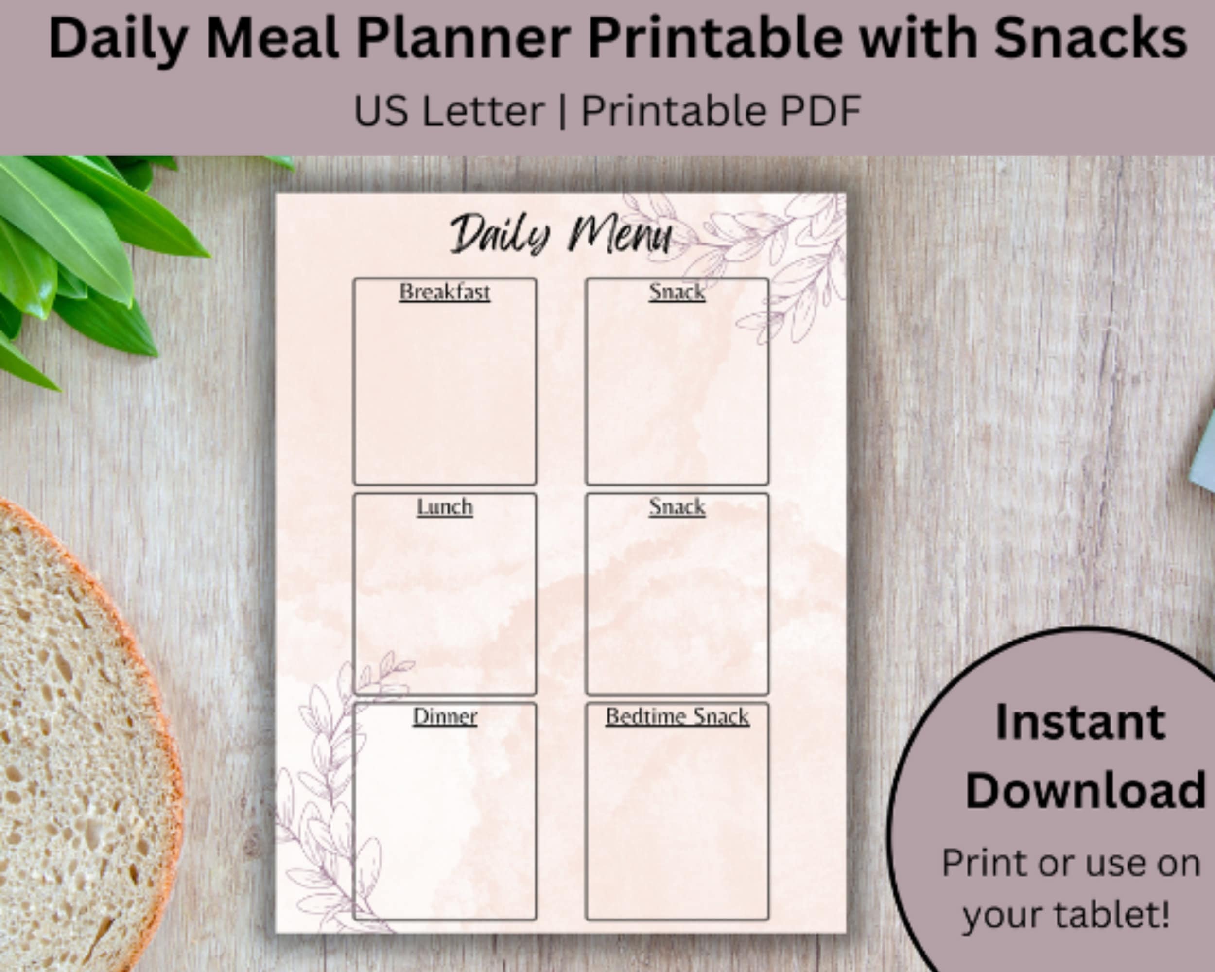 Daily Meal Plan Menu Printable Including Snacks | Meal Planner ...