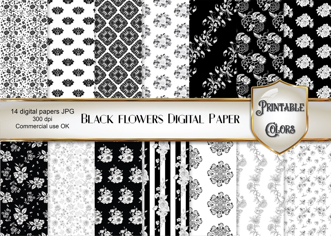 Digital Paper Black and White Flowers for Scrapbooking and Decoupage - Etsy