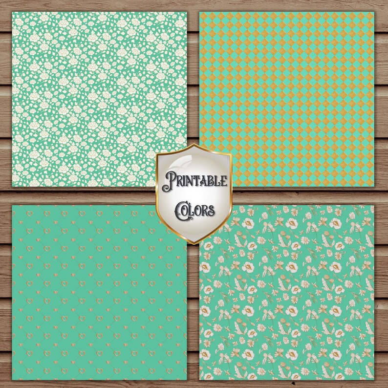 Seamless Mint Green & Gold Digital Paper, Printable Backgrounds for ...