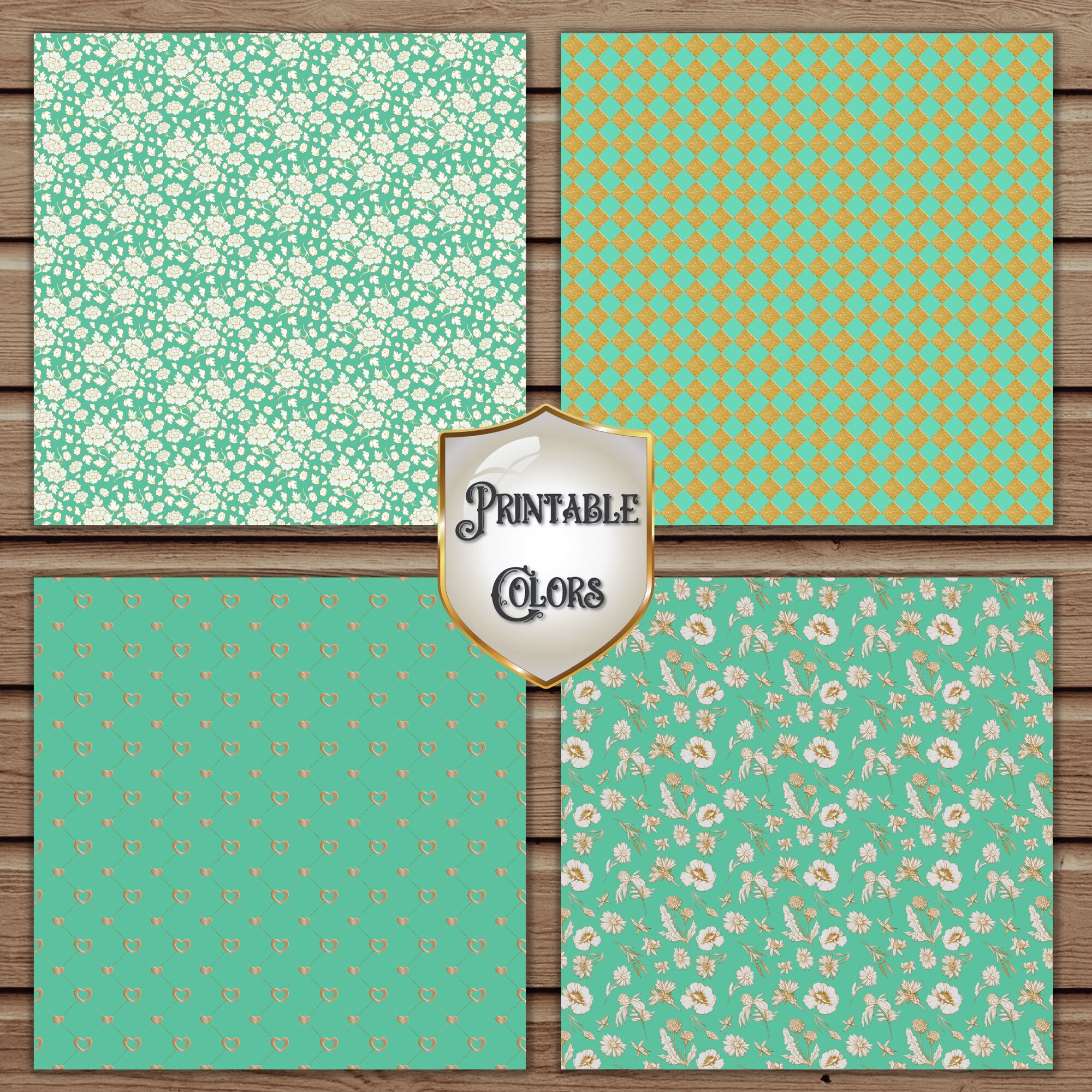 Seamless Mint Green & Gold Digital Paper, Printable Backgrounds for ...