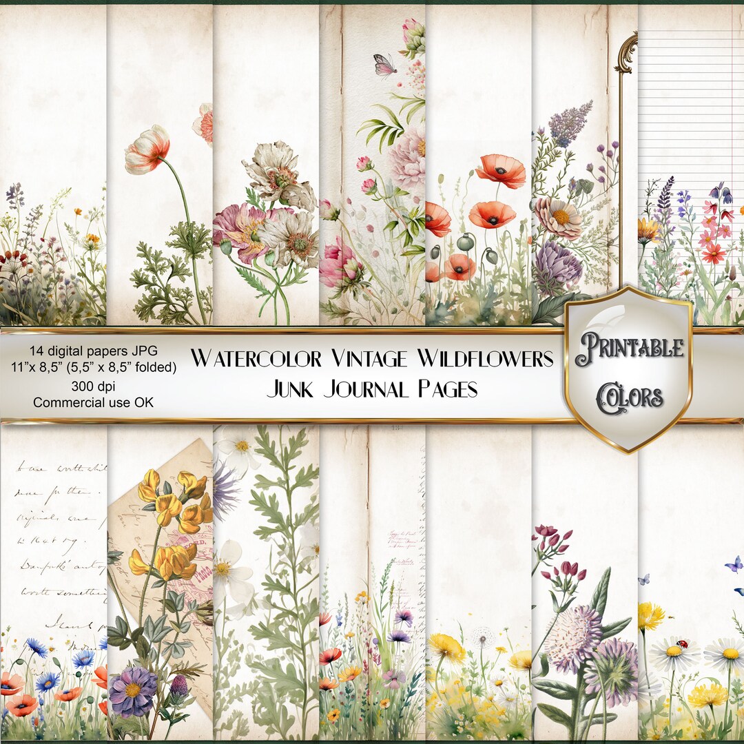 Watercolor Wildflowers Junk Journal Digital Pages - Vintage Botanical ...