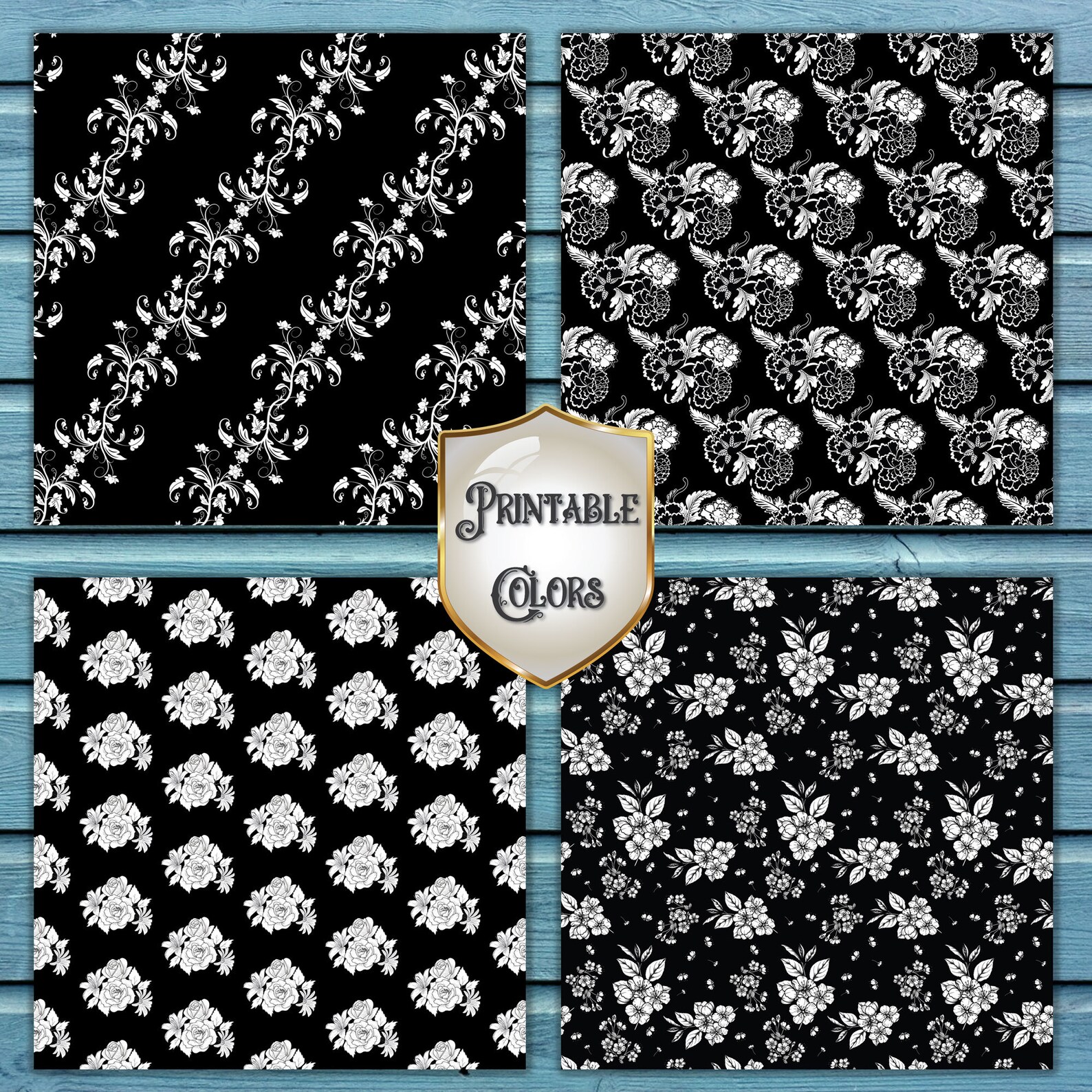 Digital Paper Black and White Flowers for Scrapbooking and - Etsy