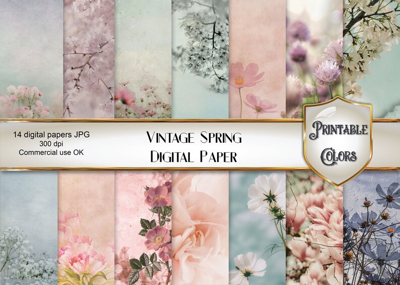 Vintage Spring Digital Paper for Scrapbooking and Decoupage. Commercial ...