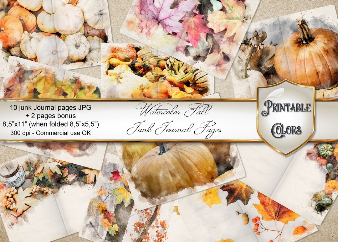 Fall Watercolor Junk Journal, Autumn Digital Papers for Scrapbooking ...
