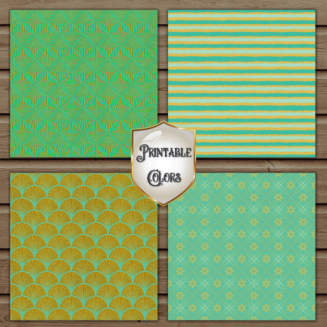 Seamless Mint Green & Gold Digital Paper, Printable Backgrounds for ...