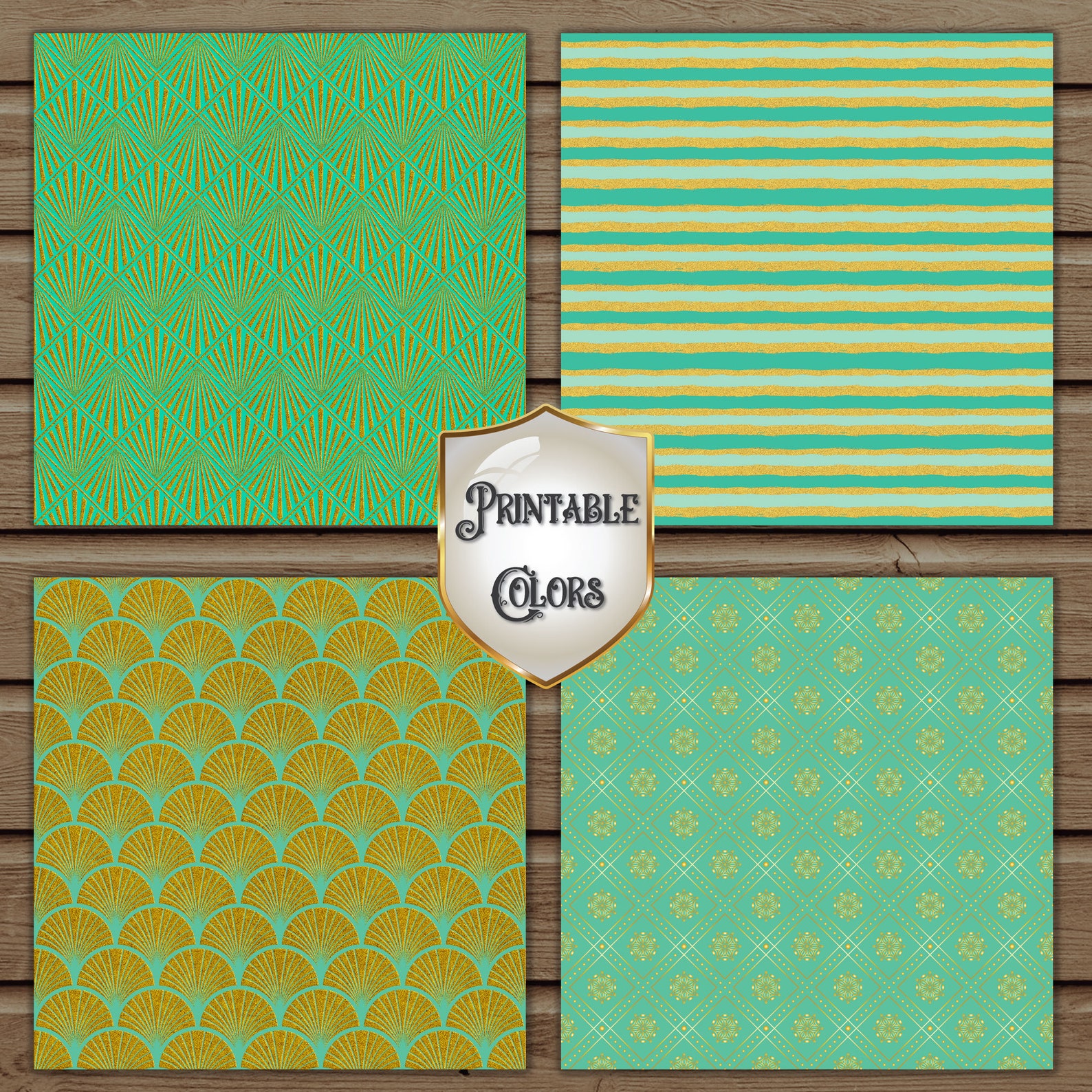 Seamless Mint Green & Gold Digital Paper, Printable Backgrounds for ...