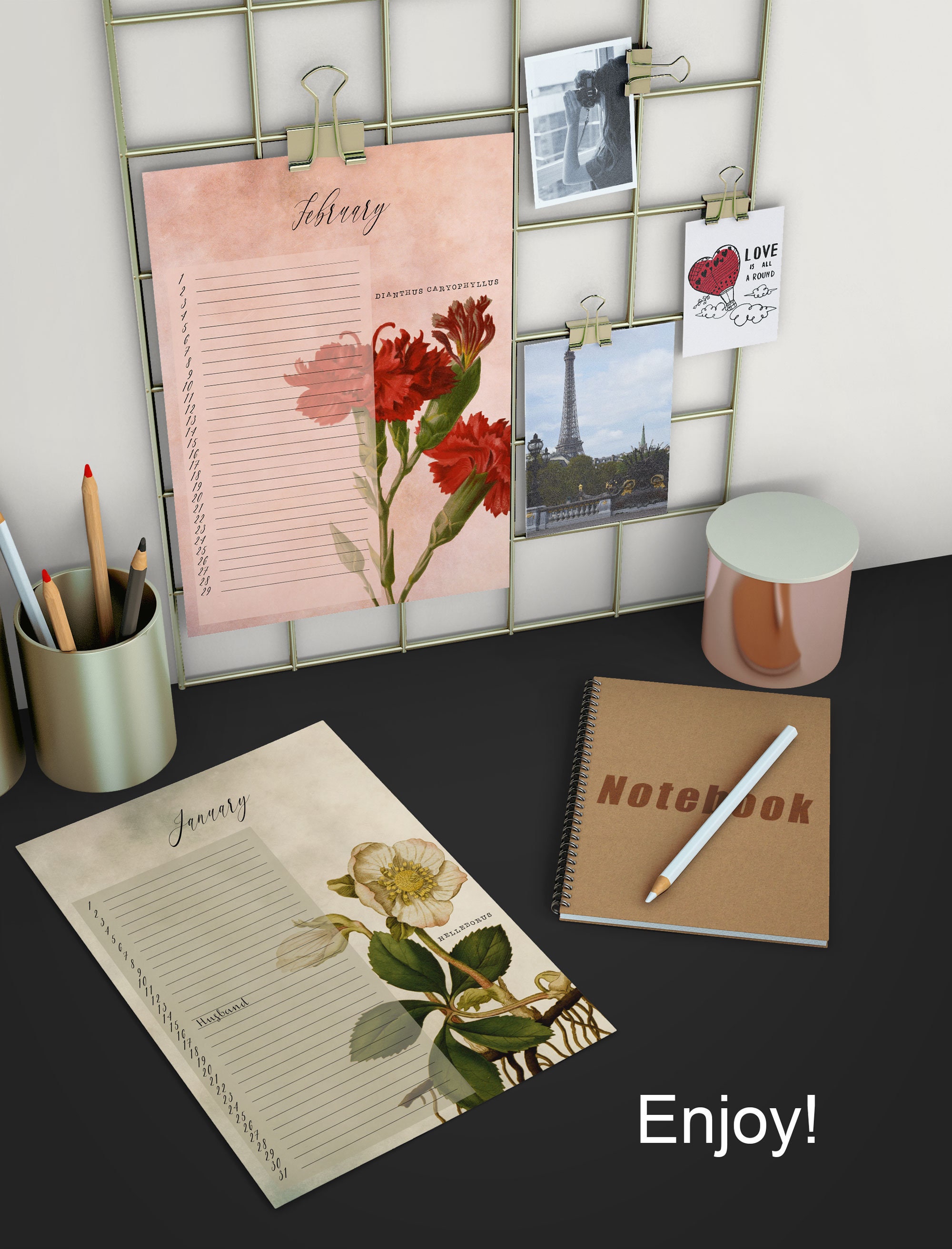 Digital Perpetual Floral Calendar, Printable Vintage Calendar for ...