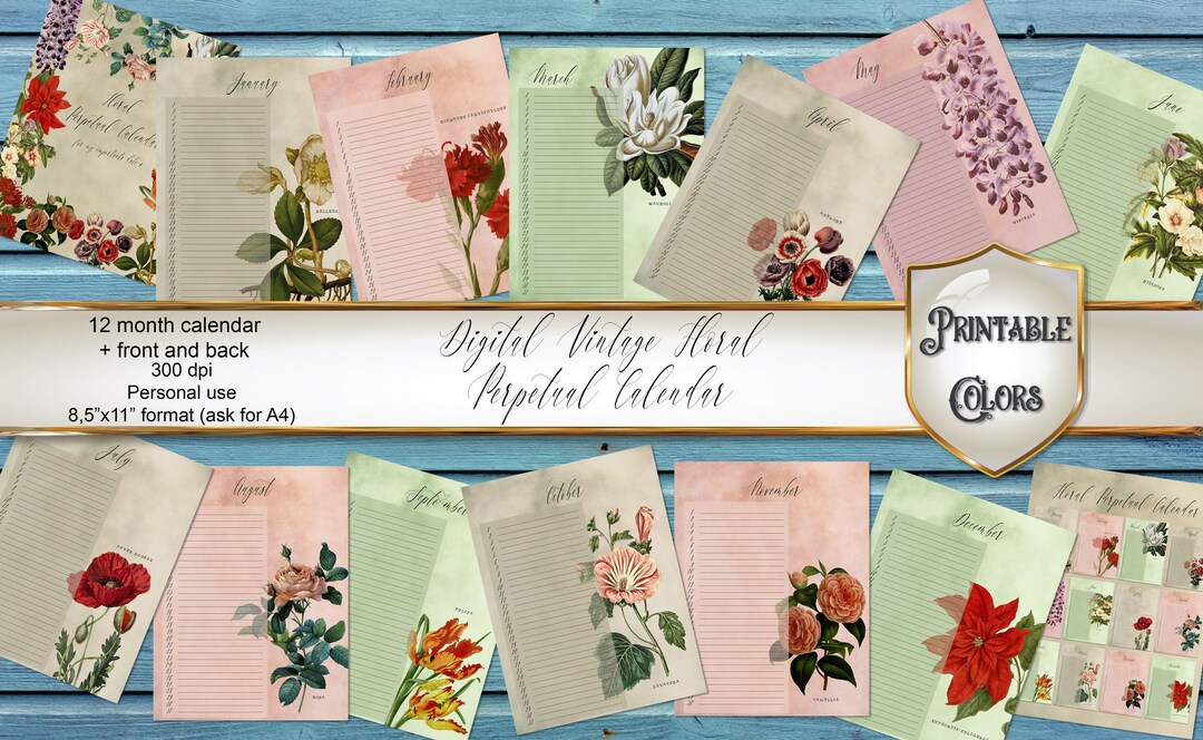 Digital Perpetual Floral Calendar, Printable Vintage Calendar for ...