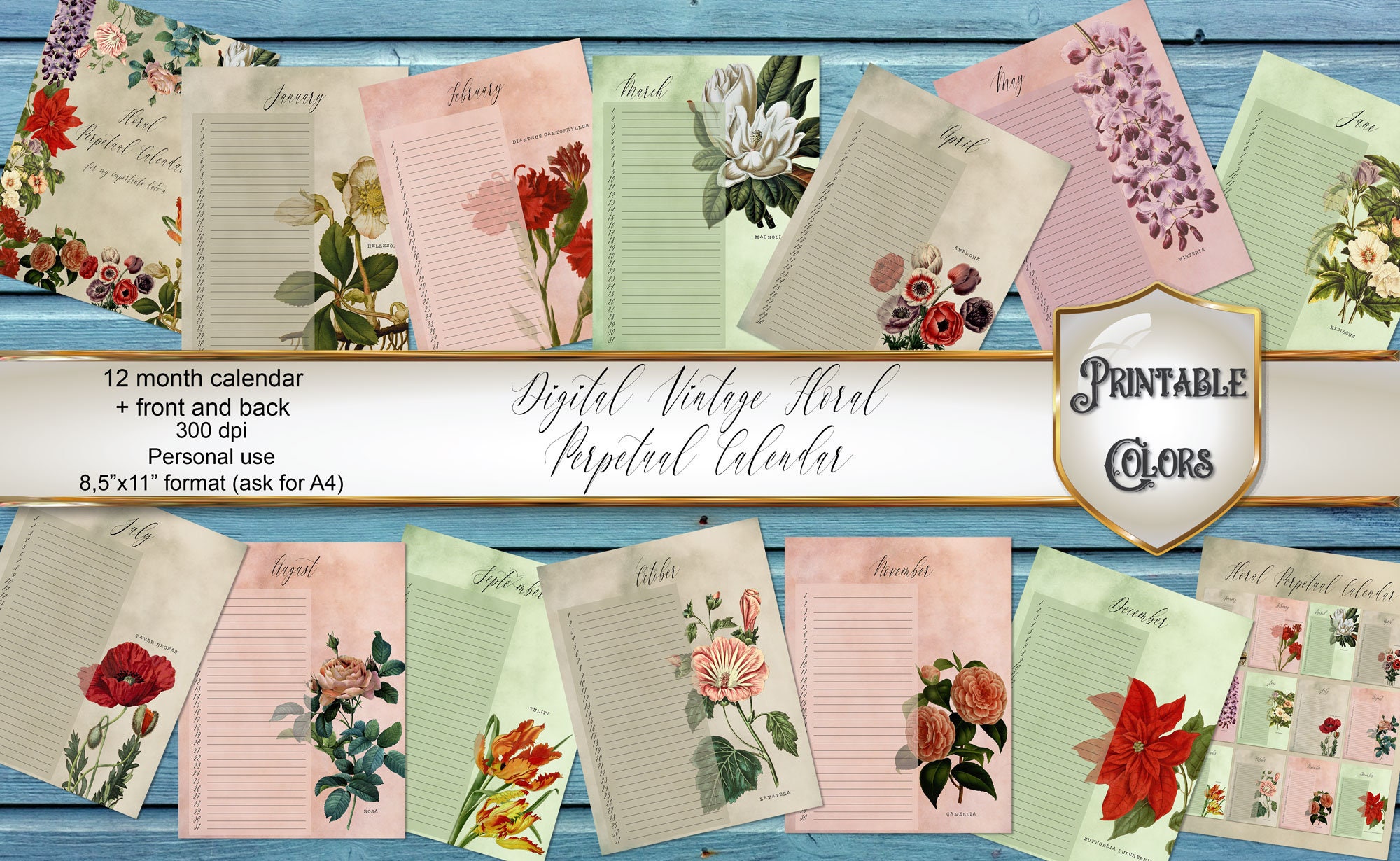 Digital Perpetual Floral Calendar, Printable Vintage Calendar for ...