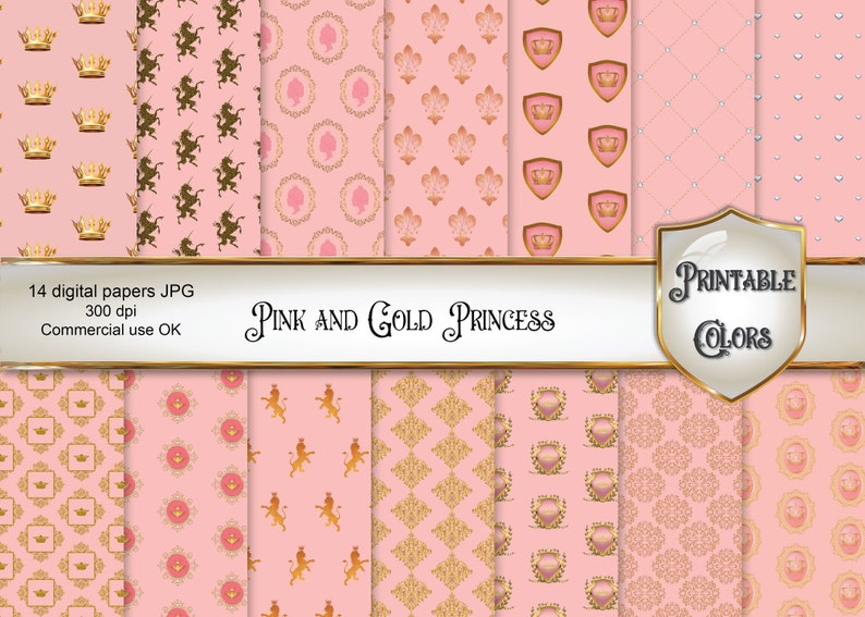 Pink and Gold Princess Digital Paper for Scrapbooking and Decoupage ...