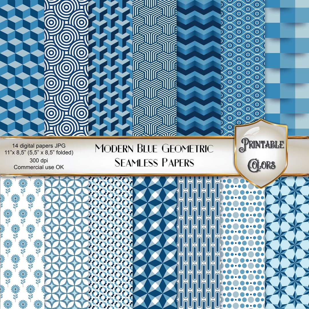 Modern Blue Geometric Patterns - Seamless Digital Papers for Scrapbook ...