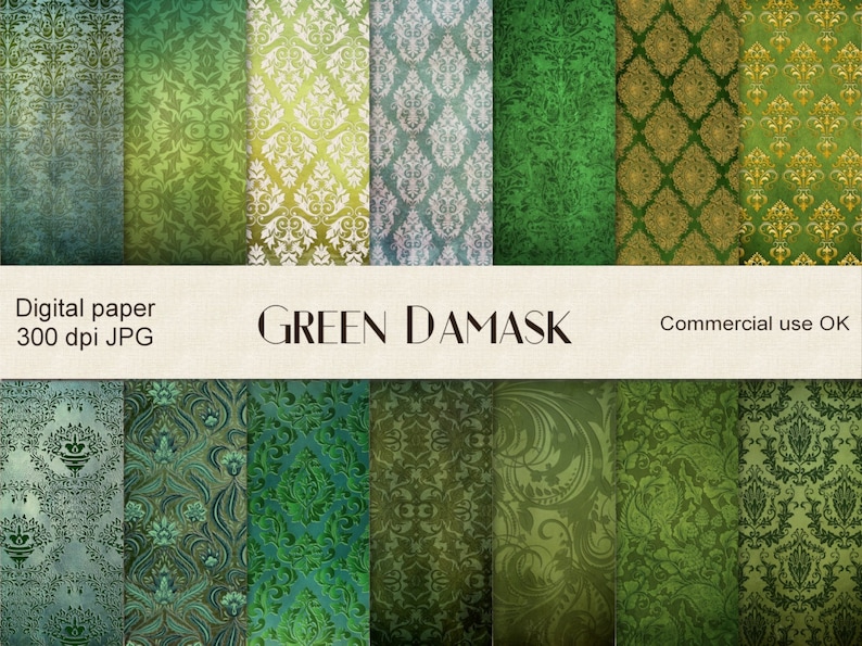Green Damask Digital Paper, Vintage Damask, Antique Damask, Vintage ...