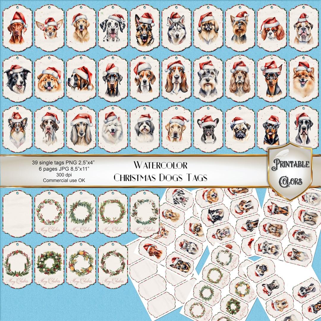 Dogs at Christmas Digital Labels, Printable Dog Labels With Santa Claus ...