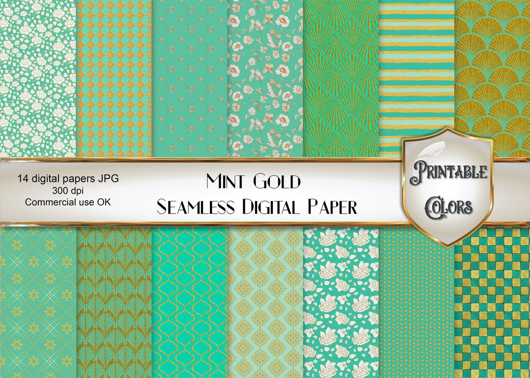 Seamless Mint Green & Gold Digital Paper, Printable Backgrounds for ...