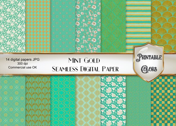 Seamless Mint Green & Gold Digital Paper Printable | Etsy