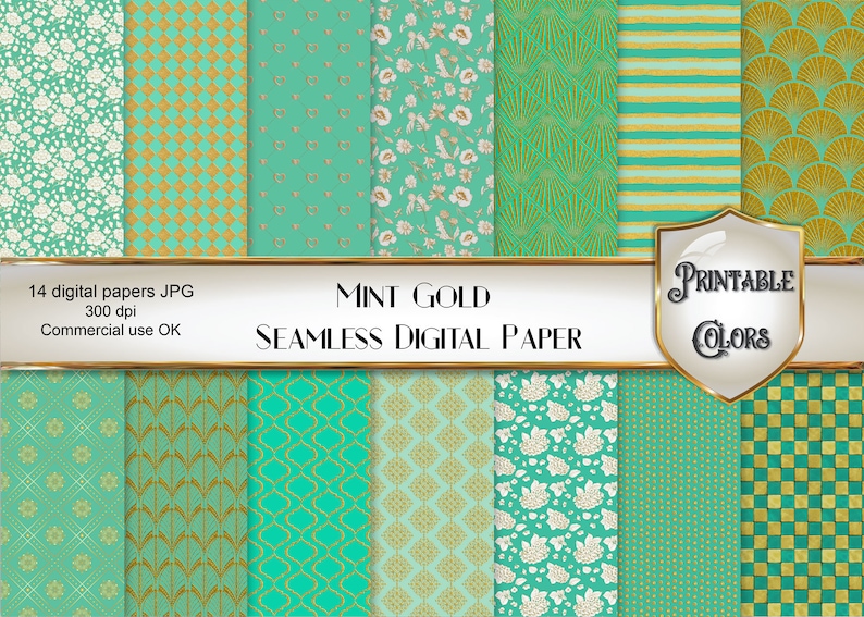 Seamless Mint Green & Gold Digital Paper, Printable Backgrounds for ...