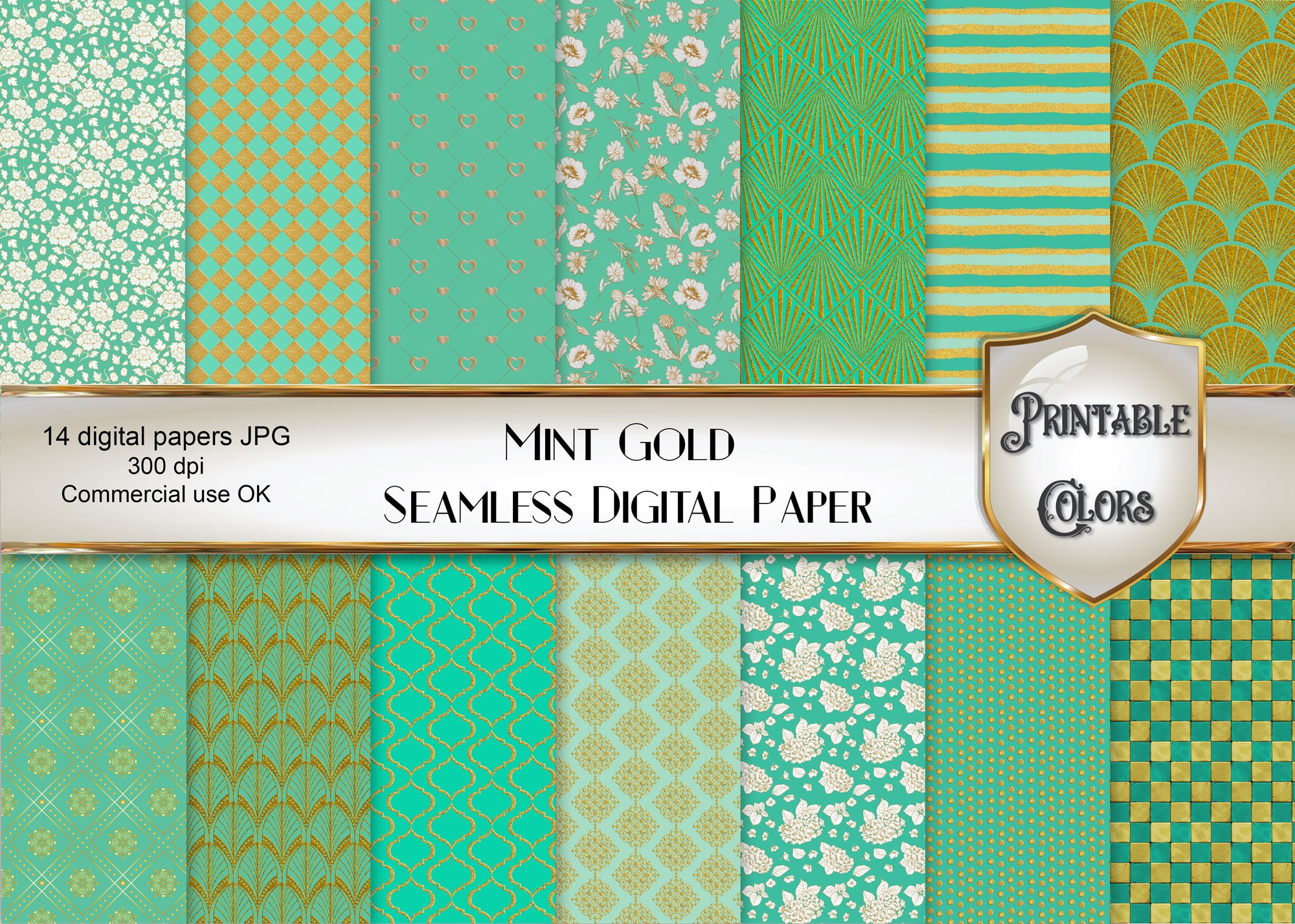 Seamless Mint Green & Gold Digital Paper, Printable Backgrounds for ...