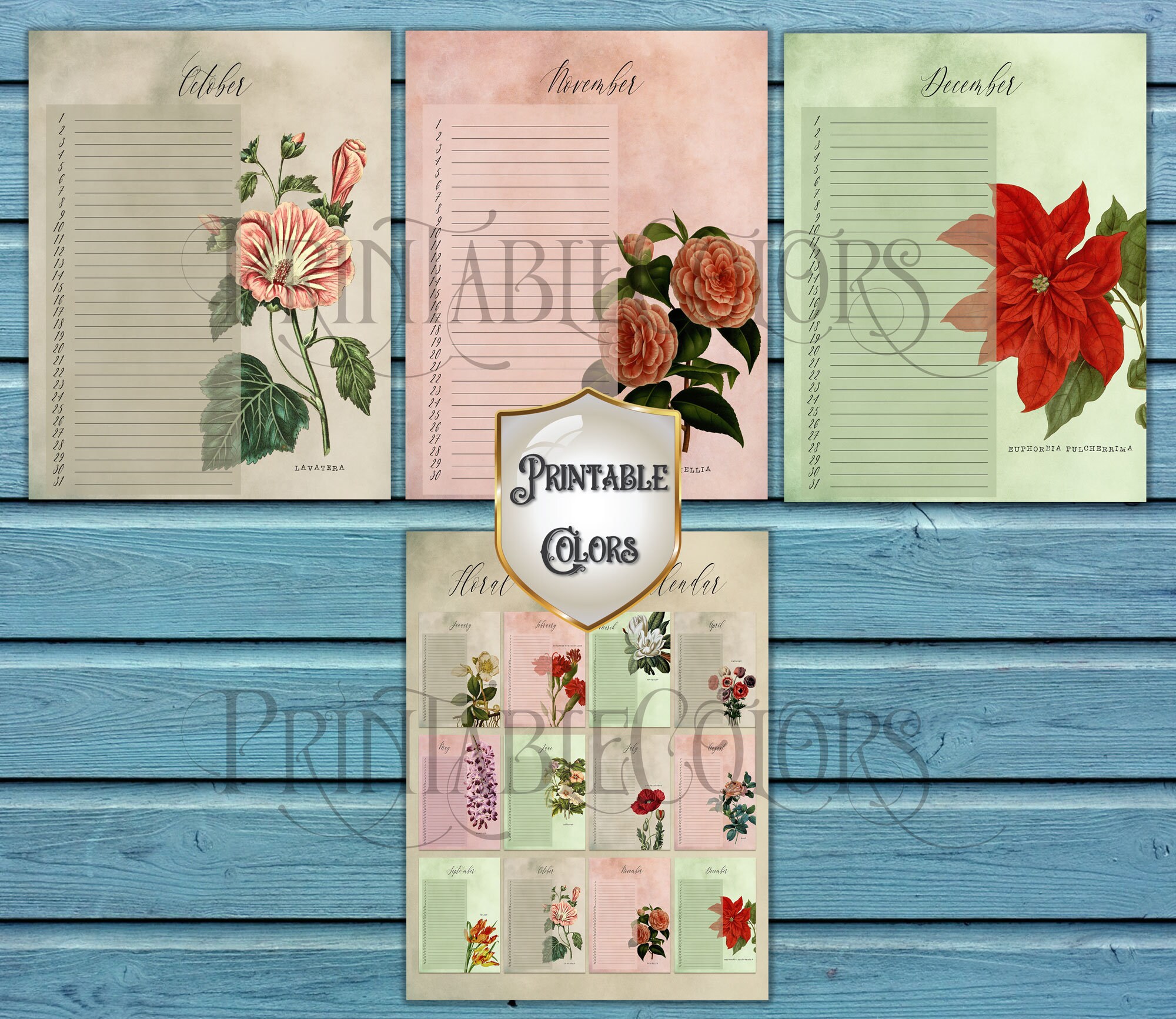 Digital Perpetual Floral Calendar, Printable Vintage Calendar for ...