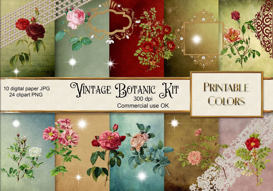 Digital Kit Vintage Roses, Antique Flower Clipart, Rustic Backgrounds ...