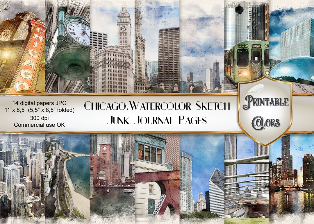 Watercolor Chicago Junk Journal - Digital Download - Chicago Scenes for ...