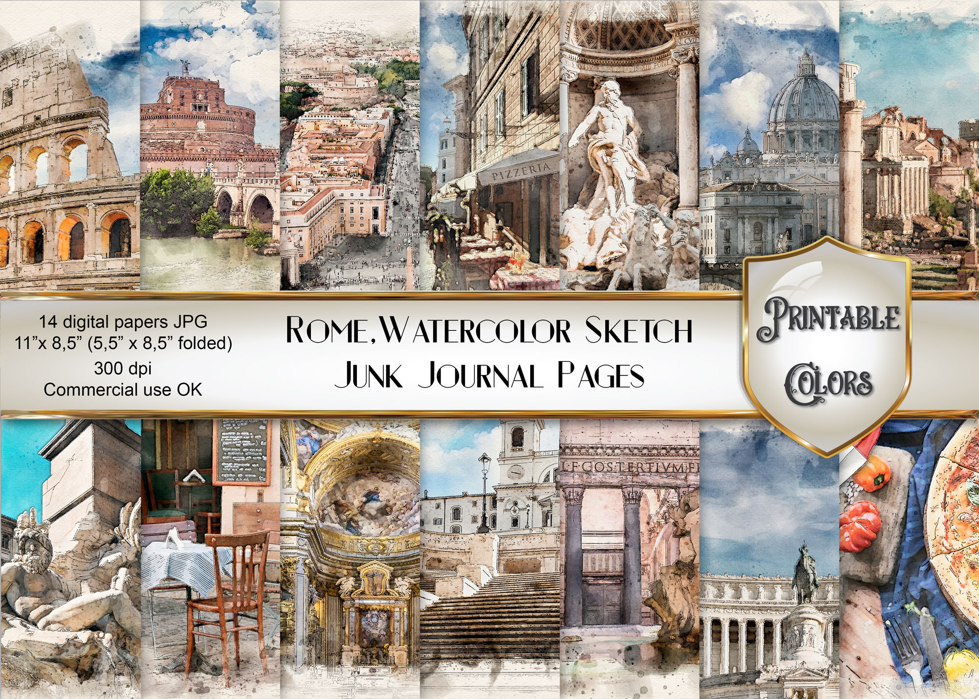 Digital Junk Journal Roma ad acquerello - sfondi per scrapbooking Roma ...