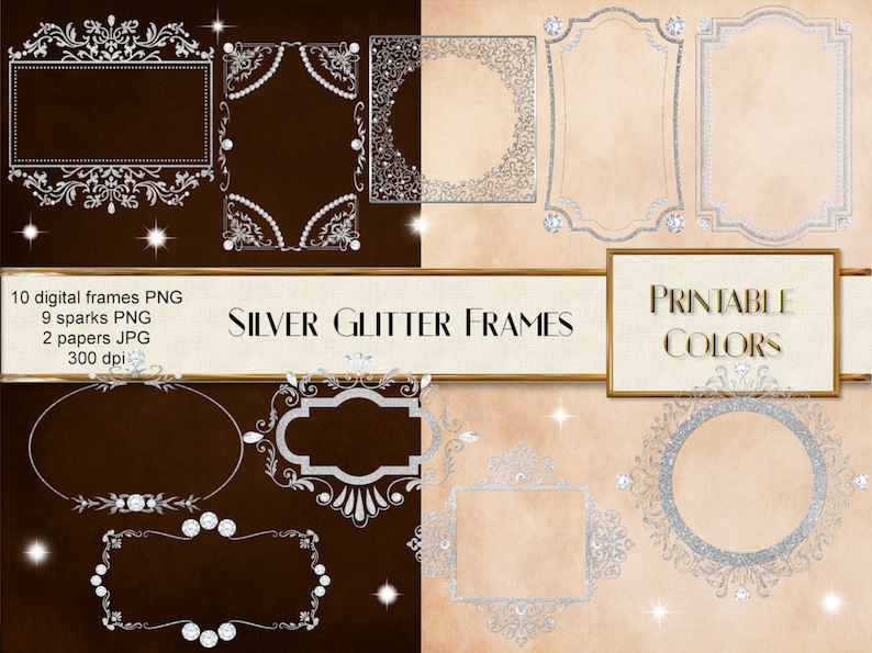 Silver Glitter Digital Frames, Digital Download, Frames Clipart ...