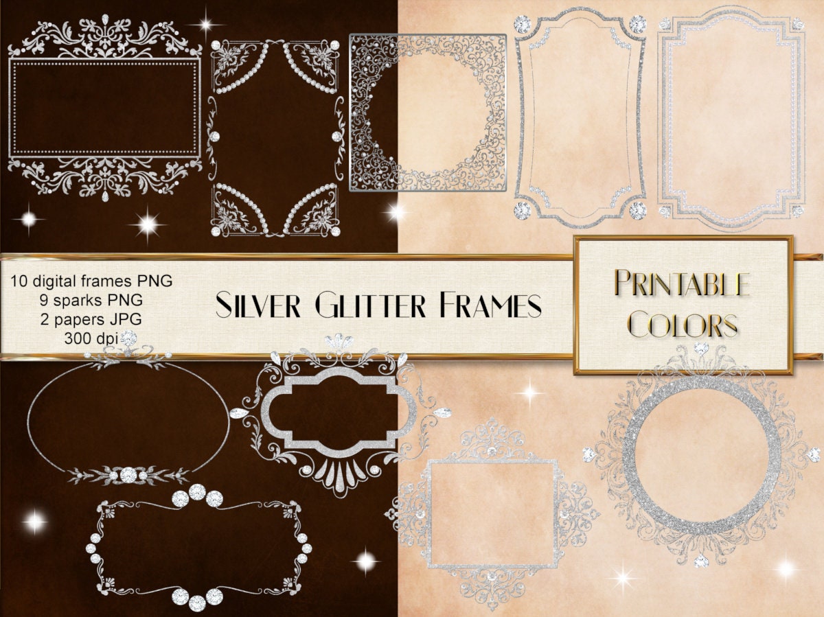 Silver Glitter Digital Frames, Digital Download, Frames Clipart ...