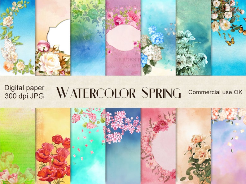 Floral Watercolor Digital Paper, Digital Download, Spring, Roses ...