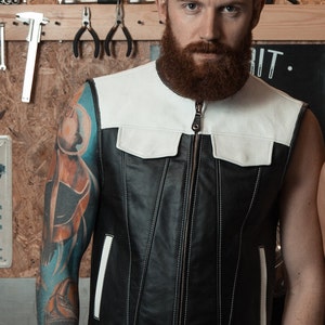 Black White Leather Vest, Custom Leather Vest, Motorcycle Leather Vest ...