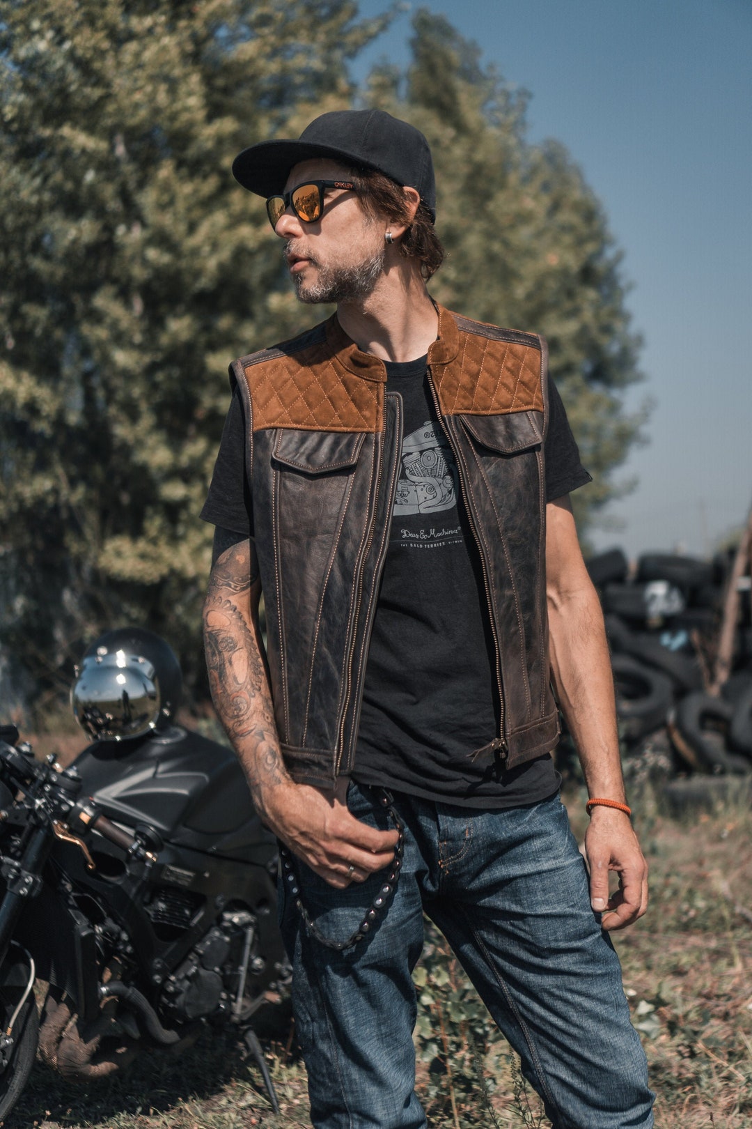 Diamond Stitch Leather Vest, Cafe Racer Style Vest, Custom Motorcycle ...