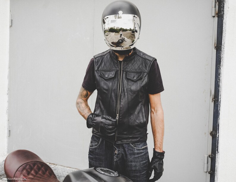 Motorcycle Black Leather Vest Zipper black leather motorcycle | Etsy