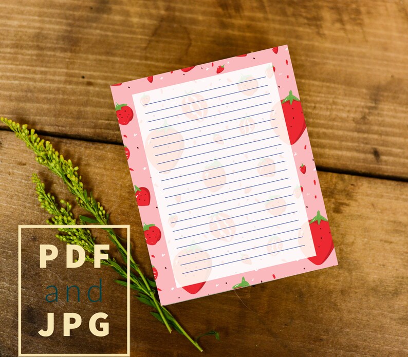 Strawberry Printable Letter Writing Paper, Digital Download Fruit ...