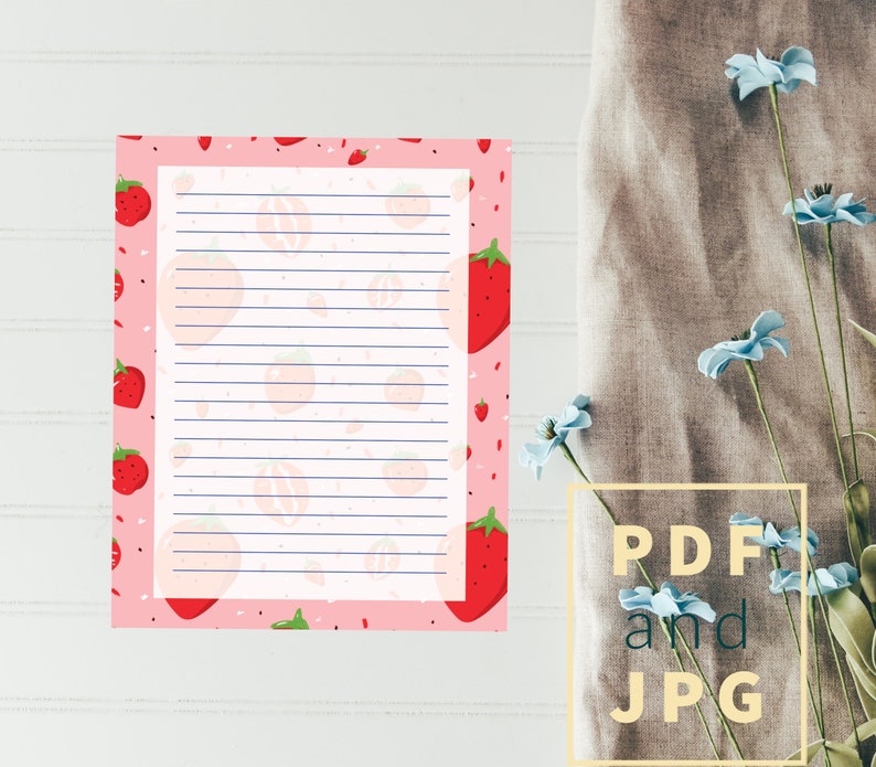 Strawberry Printable Letter Writing Paper, Digital Download Fruit ...