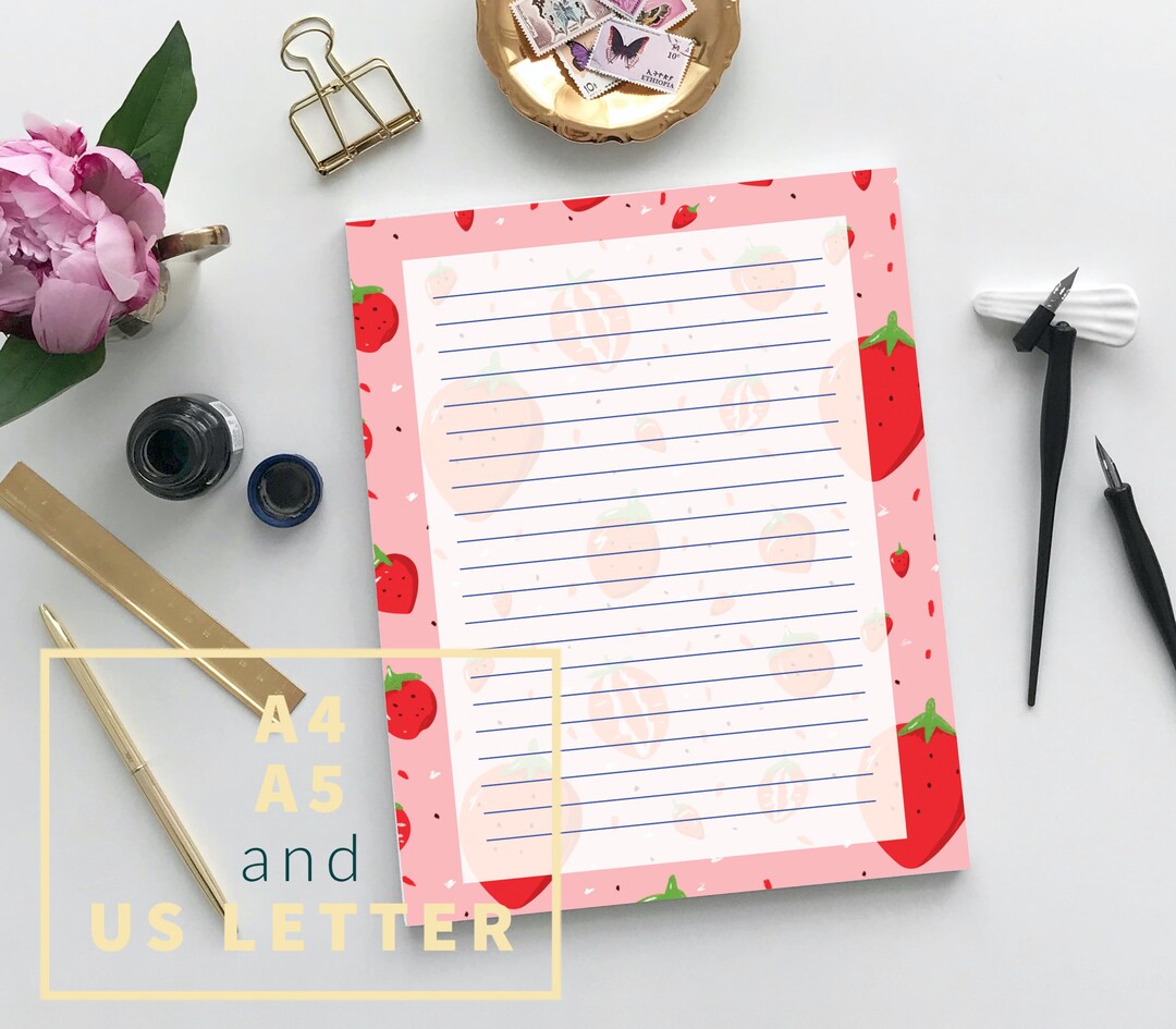 Strawberry Printable Letter Writing Paper, Digital Download Fruit ...
