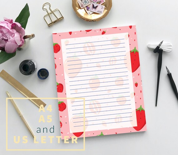 Strawberry Printable Letter Writing Paper Digital Download | Etsy