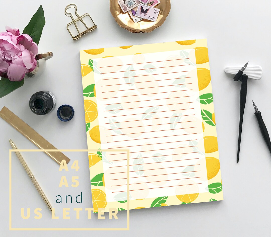 Lemon Printable Letter Writing Paper, Digital Download Fruit Lined ...