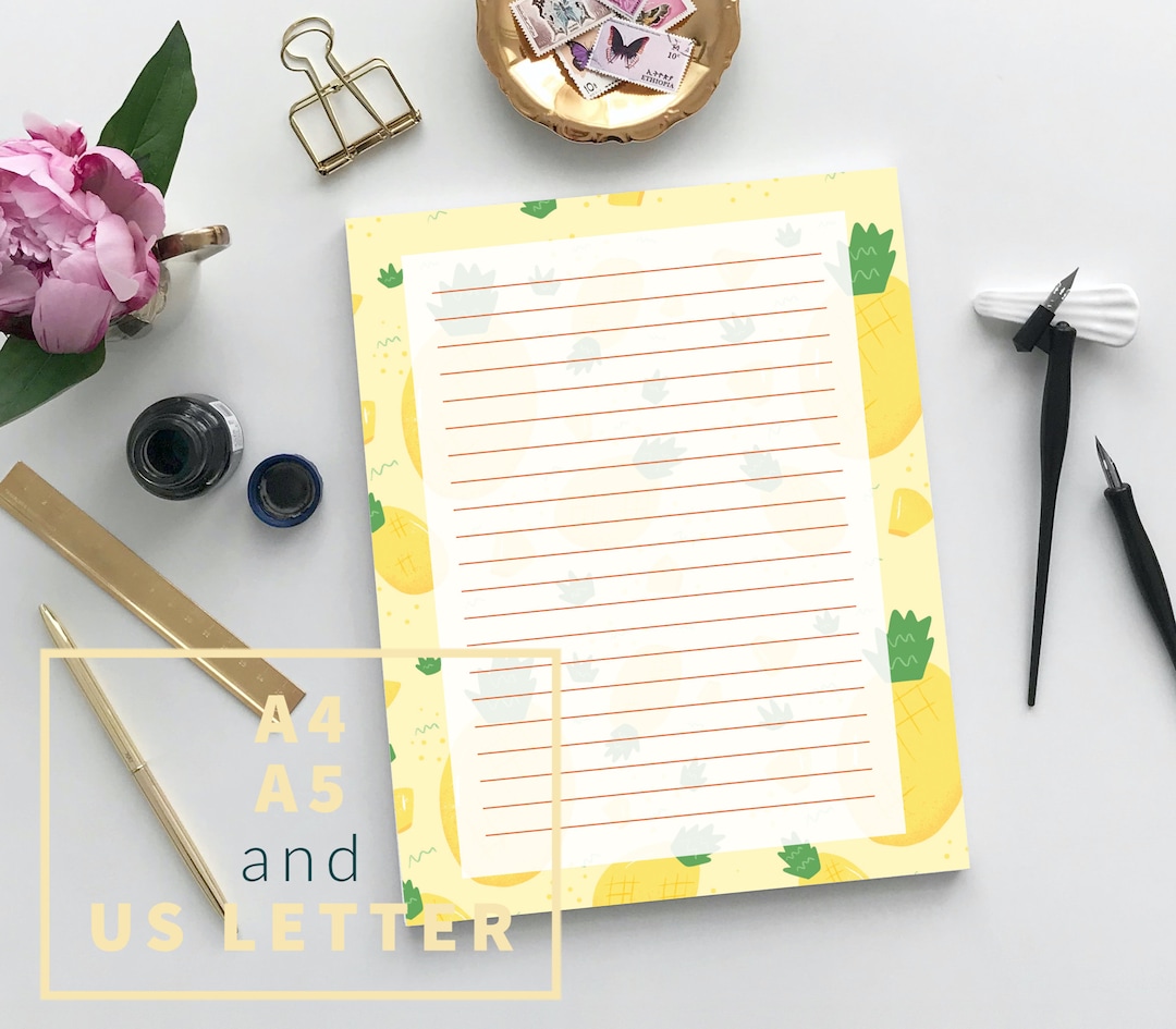 Pineapple Printable Letter Writing Paper, Digital Download Fruit Lined ...
