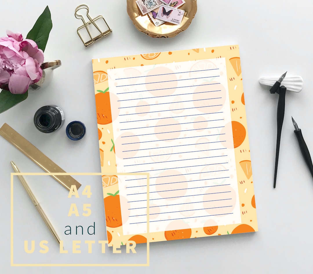 Orange Printable Letter Writing Paper, Digital Download Fruit ...